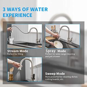 BURUWO Brass Kitchen Faucet with 3 Modes Sprayer, Single Handle 1 or 3 Hole Modern Kitchen Faucet Brushed Nickel, Pull Down Kitchen Sink Faucet for Farmhouse rv Bar Laundry