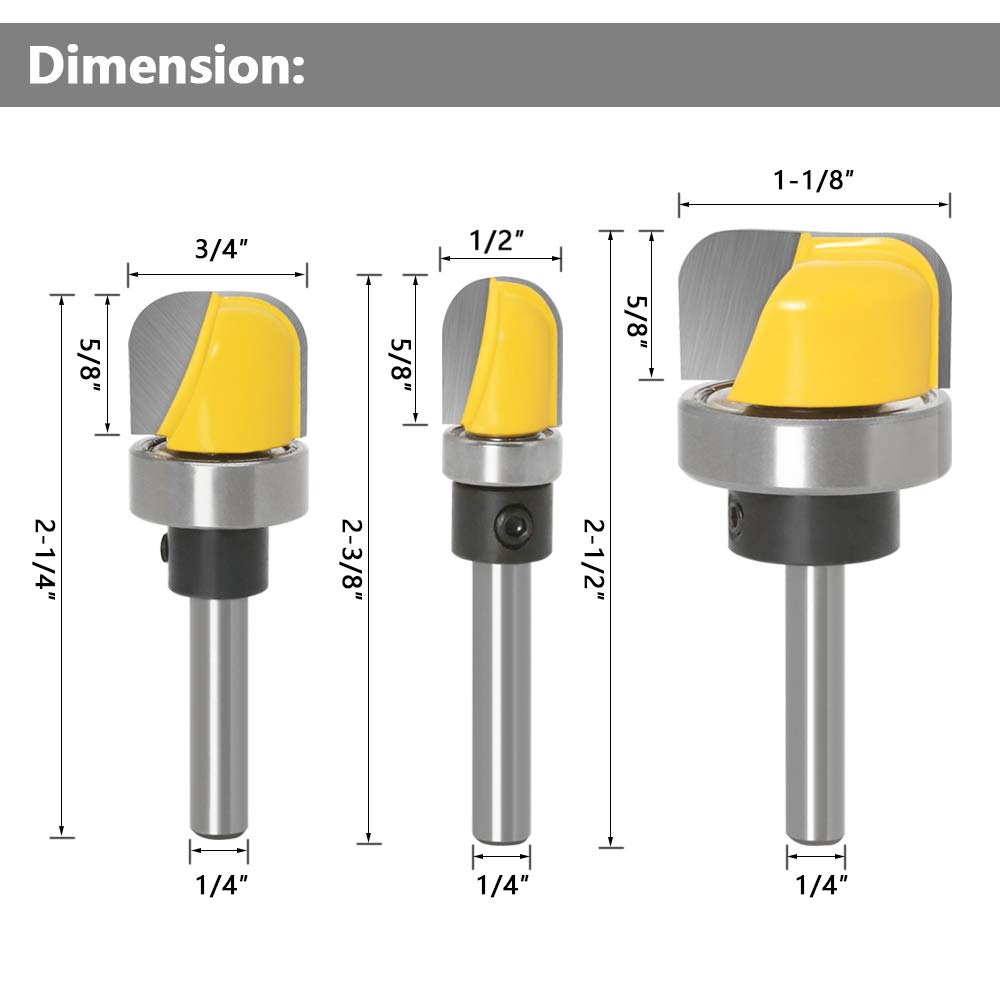 Yakamoz 3Pcs 1/4 Inch Shank Bowl and Tray Template Router Bit Set with Ball Bearing Dish Carving Router Bits Wood Cutter Woodworking Tool