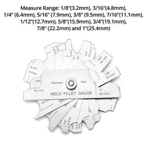 QWORK 7Pcs Fillet Weld Gauge Set - Welding Inspection Gauge Testing 1/8"-1" (3.2mm-25.4mm) Ulnar Metric & Inch, for Professional Welders