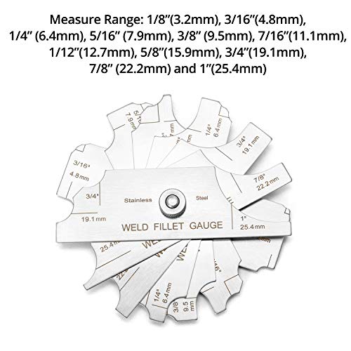 QWORK 7Pcs Fillet Weld Gauge Set - Welding Inspection Gauge Testing 1/8"-1" (3.2mm-25.4mm) Ulnar Metric & Inch, for Professional Welders