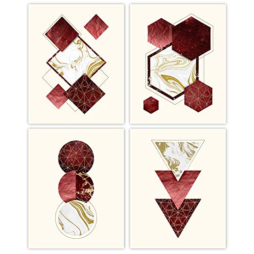 Modern Geometric Abstract Red Gold Wall Art Decor Prints, 4 (8x10) Unframed Photos, Artwork Gifts Under 20 for Home Bathroom Bedroom Office Studio Lounge Architecture Design Student Teacher Fans