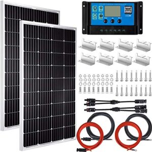 pikasola 200 watt 12/24v solar panel kit for rv boat home: 2pcs 100w monocrystalline solar panel grade a + 12/24v solar charge controller + 16ft &10ft solar cable + z-brackets