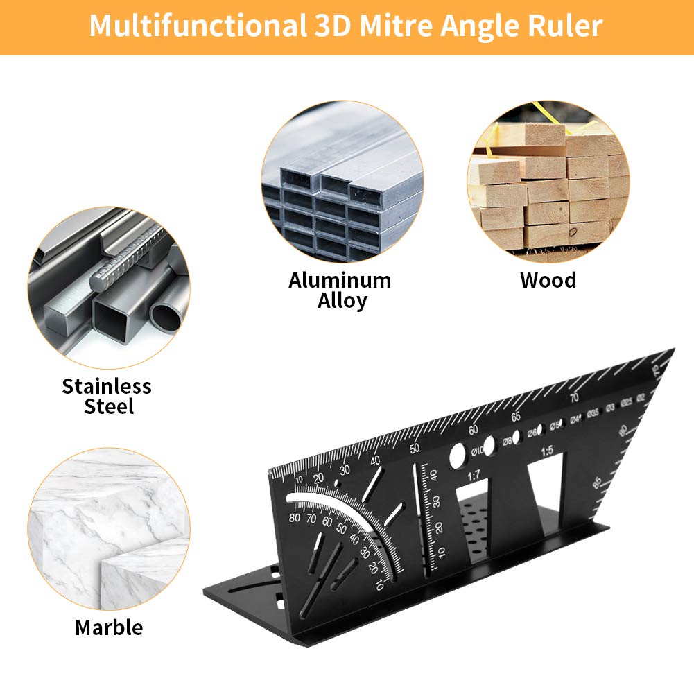 Aluminum Alloy Woodworking Square Size Measure Ruler, welltop 3D Mitre Angle Measuring Tool, Multifunctional 45/90 Degree Angle T Ruler Gauge, for Three Dimensional Items Measuring Timber, Pipes