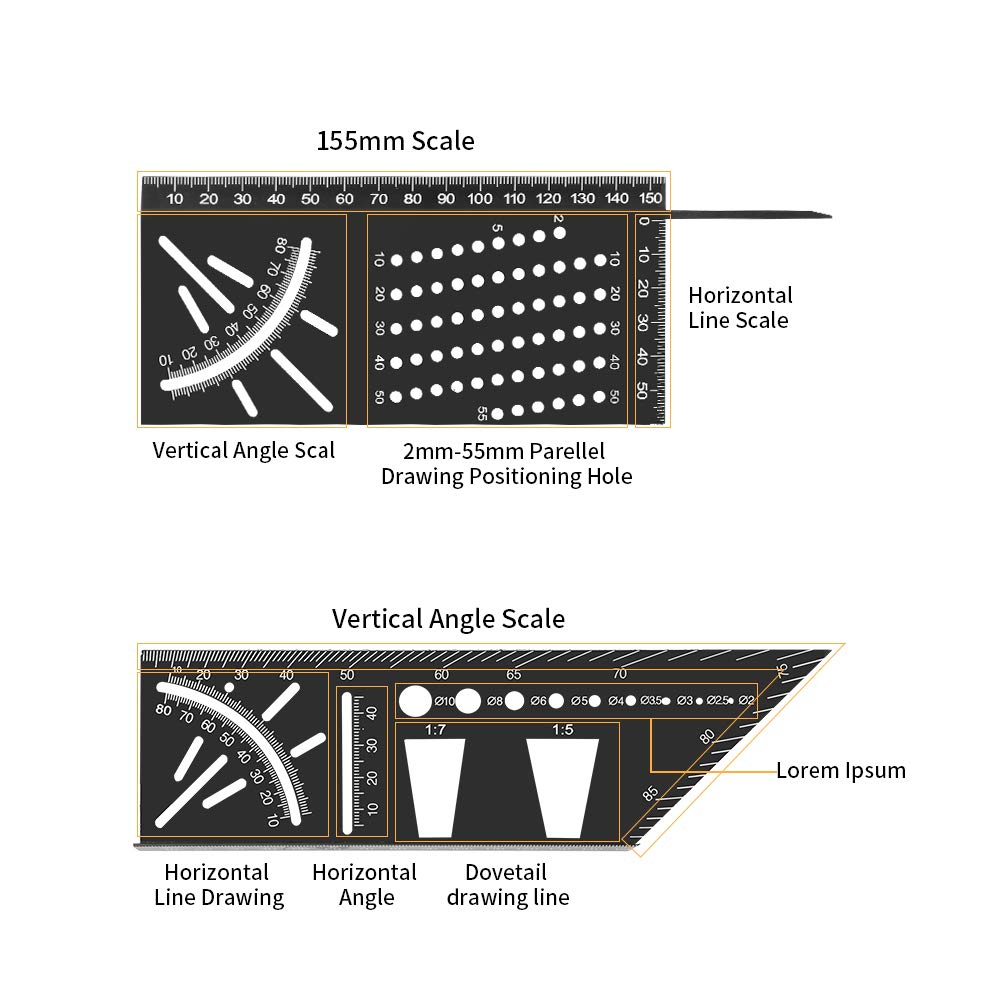 Aluminum Alloy Woodworking Square Size Measure Ruler, welltop 3D Mitre Angle Measuring Tool, Multifunctional 45/90 Degree Angle T Ruler Gauge, for Three Dimensional Items Measuring Timber, Pipes