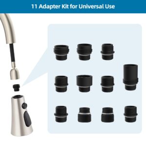 Hygie Rinse Kitchen Faucet Head Replacement with 11 Adapters Compatible with Moen/Pfister/Peerless/Kohler Curve Shape Faucet, 3 Function Pull Down Sink Faucet Sprayer Head, Brushed Nickel