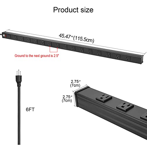 Long Heavy Duty 16 Outlet Large Metal Garage Workshop Multi Wide Industrial Power Strip. 6FT Cord 15A, 125V, 1875W (Black)