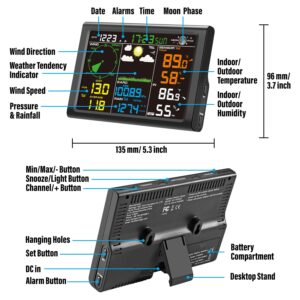 sainlogic Wireless Weather Station with Outdoor Sensor, 8-in-1 Weather Station with Weather Forecast, Temperature, Air Pressure, Humidity, Wind Gauge, Rain Gauge, Moon Phase, Alarm Clock (No WiFi)