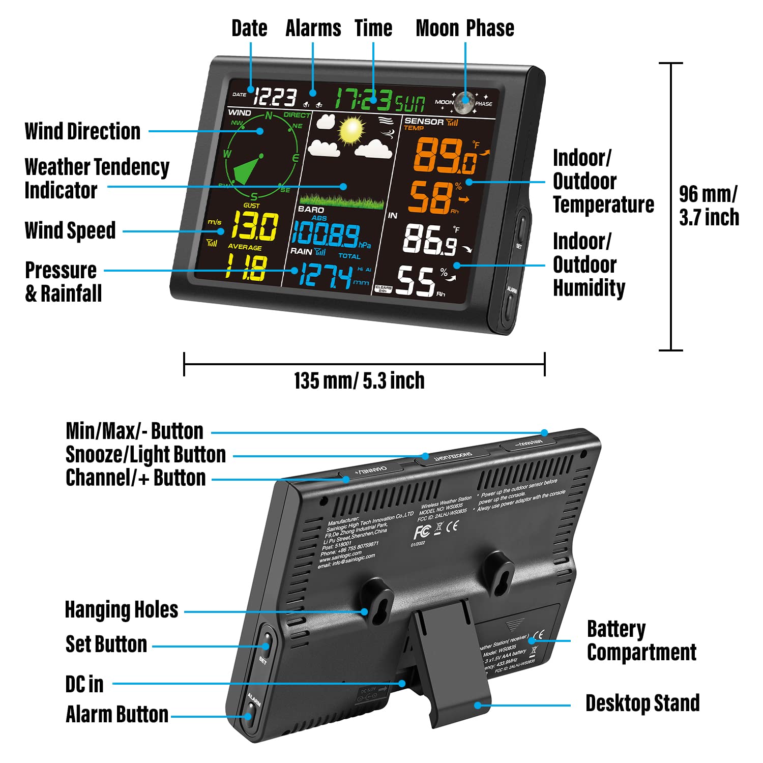 sainlogic Wireless Weather Station with Outdoor Sensor, 8-in-1 Weather Station with Weather Forecast, Temperature, Air Pressure, Humidity, Wind Gauge, Rain Gauge, Moon Phase, Alarm Clock (No WiFi)