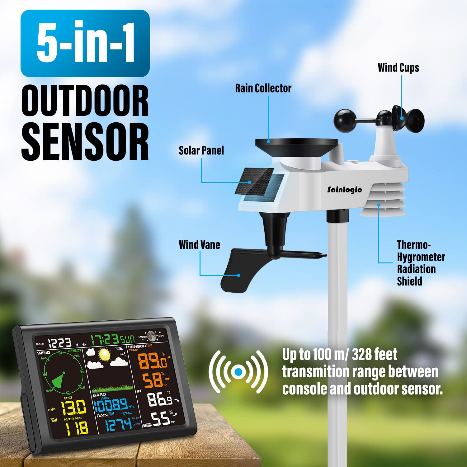 sainlogic Wireless Weather Station with Outdoor Sensor, 8-in-1 Weather Station with Weather Forecast, Temperature, Air Pressure, Humidity, Wind Gauge, Rain Gauge, Moon Phase, Alarm Clock (No WiFi)