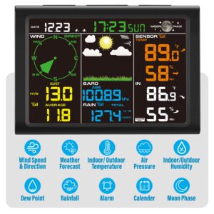 sainlogic Wireless Weather Station with Outdoor Sensor, 8-in-1 Weather Station with Weather Forecast, Temperature, Air Pressure, Humidity, Wind Gauge, Rain Gauge, Moon Phase, Alarm Clock (No WiFi)