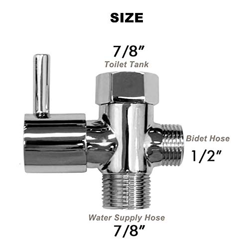 Brass T-Adapter for Bidet, 7/8 1/2 T-Valve Adapter for Bidet Sprayer for Toilet with Shut Off Valve, 3-Way Connector, Chrome Finish, 2 Rubber Mat, T Adapter for Hand Held Bidet Attachment for Toilet