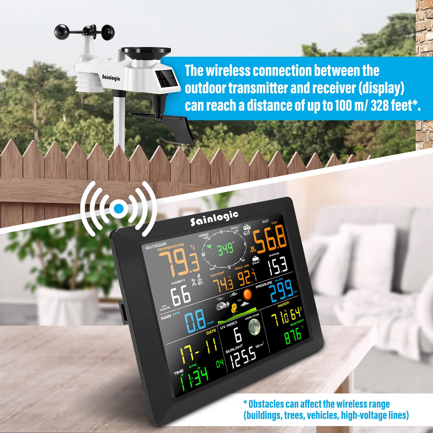 Sainlogic WiFi Weather Station, 10.2 inch large Display Wireless Weather Station, Weather Stations wireless indoor with Rain Gauge and Wind Speed, Weather Forecast, Wind Gauge, Wunderground