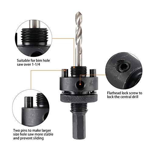 Tysun 3 Pcs Hole Saw Mandrel, 7/16 Inch and 3/8 Inch Shank Hole Saw Arbors with 1 Pc Central Drill Fit for 3/4-Inch to 6-Inch Diameter