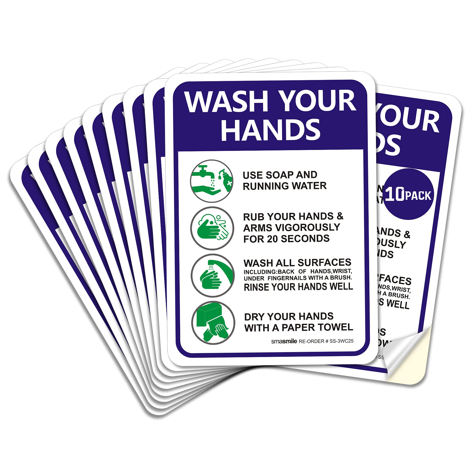 Hand Washing Signs Wash Hand Sign Sticker, 10 Pack 10" x 7" Please Wash Your Hand Sign Decals, Self-Adhesive Vinyl, Employee Hand Washing Sign, Indoor & Outdoor