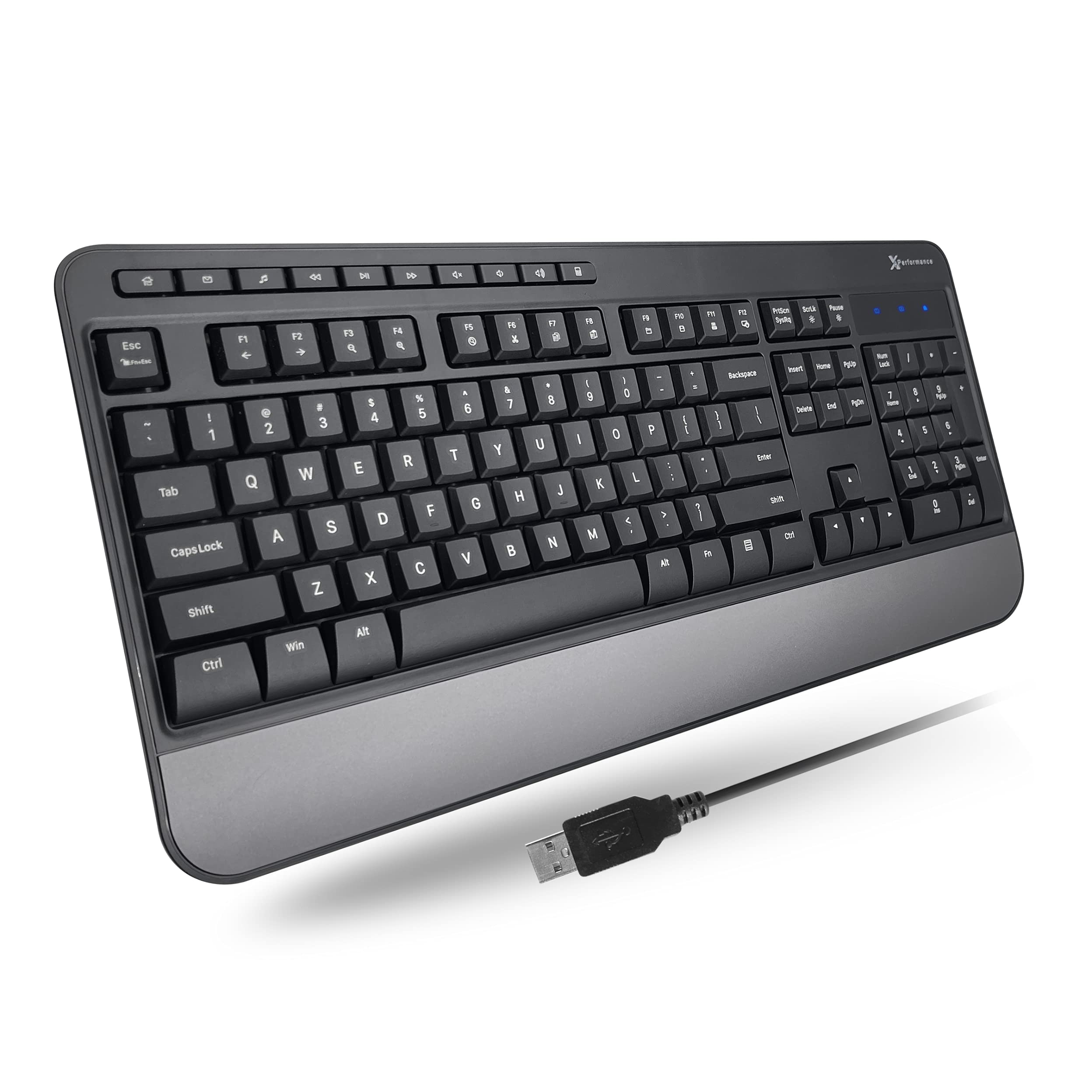 X9 Performance Multimedia USB Wired Keyboard - Take Control of Your Media - Ergonomic Full Size Keyboard with Wrist Rest and 114 Keys - External Computer Keyboard for Laptop and Office PC