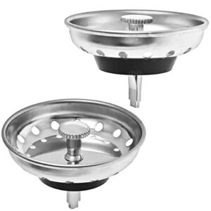 2 pack - kitchen sink strainer and stopper combo basket replacement for standard 3-1/2 inch drain, stainless steel basket with plastic knob, rubber stopper bottom - hilltop products