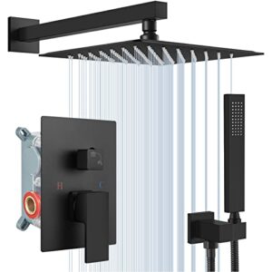 midanya matte black rain shower system 10 inch square rainfall shower head wall mount shower faucet set with hand sprayer rough-in valve trim kit bathroom mixer shower combo set