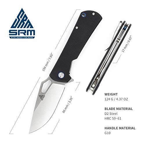 SRM Folding Pocket Knife, D2 Steel Blade, G10 Handle, Pocket Clip, Thumb Hole, Flipper, Ball Bearing Washer, Cool Knives for Outdoor Camping EDC