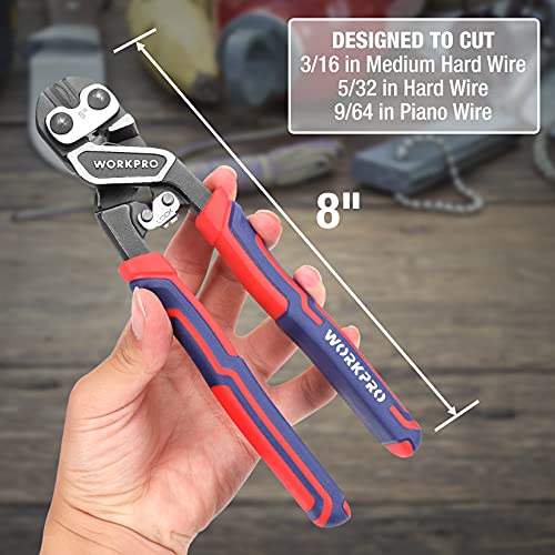 WORKPRO 8" Mini Bolt Cutter, Three-color Bi-Material Ergonomic Handle with Security Lock & More Efficient Leverage, Chrome Molybdenum Steel Blade