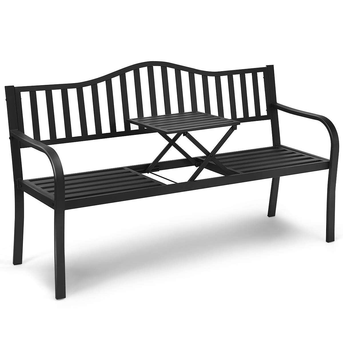 Giantex Patio Bench w/Pullout Middle Table, Outdoor Benches, Garden Bench, Front Porch Bench, Pool Deck Bench, Loveseat Chair, Patio Seating for 2-3 Person, Metal Benches for Outside (Black)