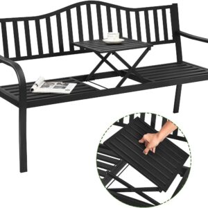 Giantex Patio Bench w/Pullout Middle Table, Outdoor Benches, Garden Bench, Front Porch Bench, Pool Deck Bench, Loveseat Chair, Patio Seating for 2-3 Person, Metal Benches for Outside (Black)