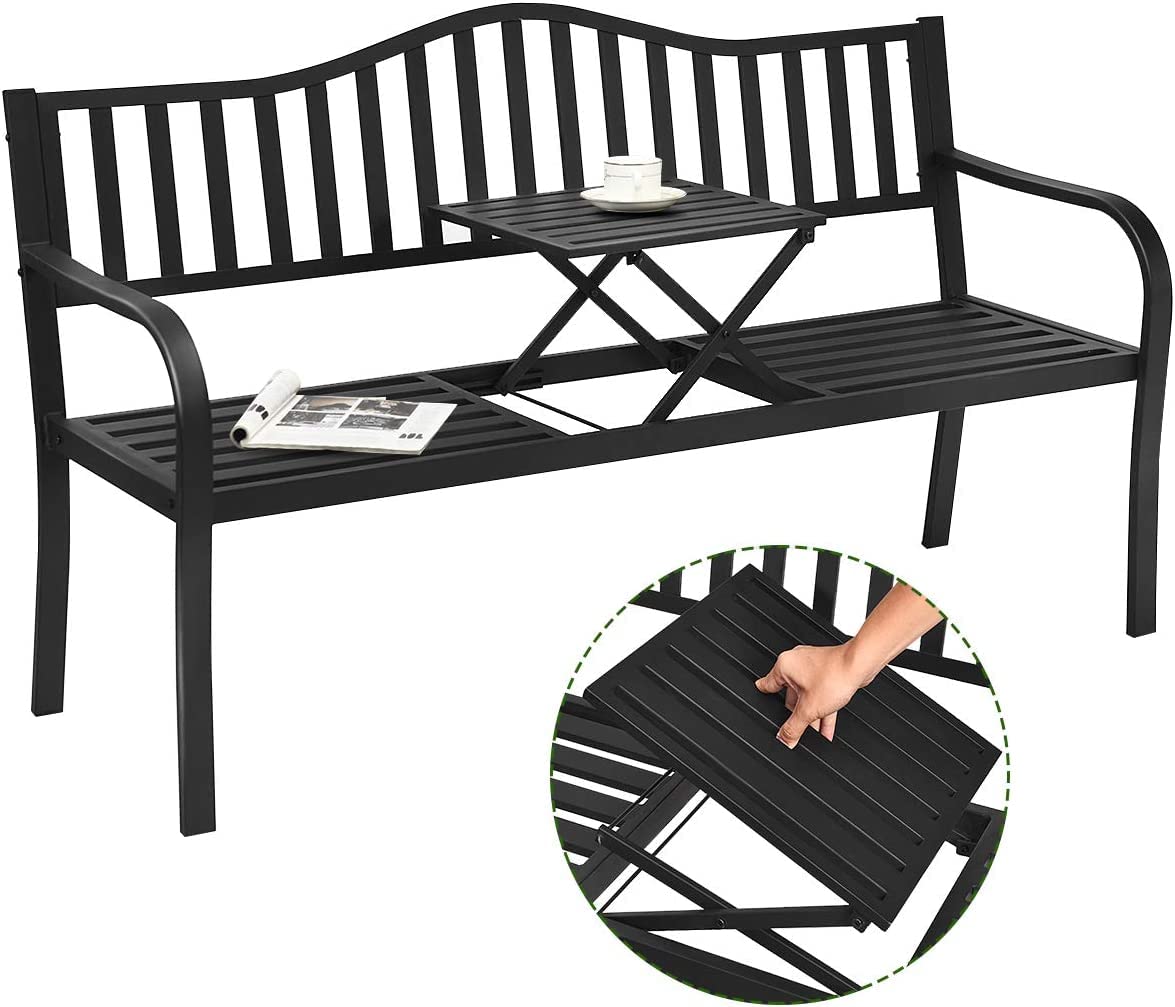 Giantex Patio Bench w/Pullout Middle Table, Outdoor Benches, Garden Bench, Front Porch Bench, Pool Deck Bench, Loveseat Chair, Patio Seating for 2-3 Person, Metal Benches for Outside (Black)