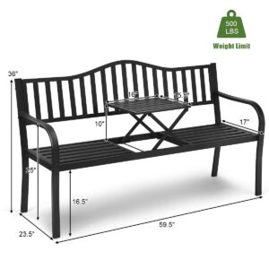 Giantex Patio Bench w/Pullout Middle Table, Outdoor Benches, Garden Bench, Front Porch Bench, Pool Deck Bench, Loveseat Chair, Patio Seating for 2-3 Person, Metal Benches for Outside (Black)