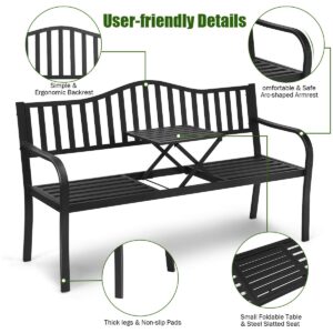 Giantex Patio Bench w/Pullout Middle Table, Outdoor Benches, Garden Bench, Front Porch Bench, Pool Deck Bench, Loveseat Chair, Patio Seating for 2-3 Person, Metal Benches for Outside (Black)