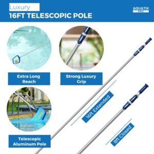 Aquatix Pro Swimming Pool Pole, 16 Foot, Luxury Commercial Thickness, Strong Holding Power, 2 Section 8-16ft Aluminum Telescopic Pole, Best for Skimmer Net, Vacuum Head and Brush, Strong Grip & Lock