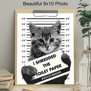 Funny Cat Bathroom Wall Art Decor - 8x10 Humorous Mugshot Home Decoration Poster for Restroom, Guest Bath, Powder Room - Gag Gift for Cat Lovers - Cute Picture Photo Print