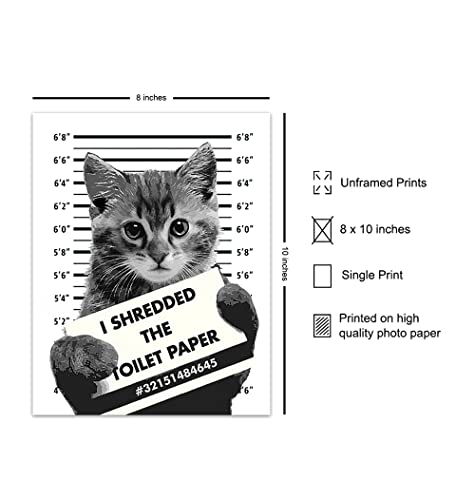 Funny Cat Bathroom Wall Art Decor - 8x10 Humorous Mugshot Home Decoration Poster for Restroom, Guest Bath, Powder Room - Gag Gift for Cat Lovers - Cute Picture Photo Print