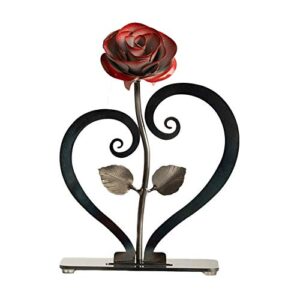 gift hand-forged wrought iron red metal rose with heart - shaped stand - iron anniversary gift