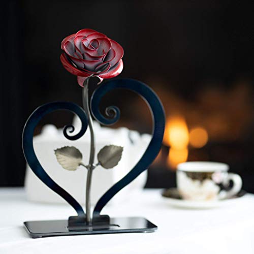 Gift Hand-Forged Wrought Iron Red Metal Rose with Heart - Shaped Stand - Iron Anniversary Gift