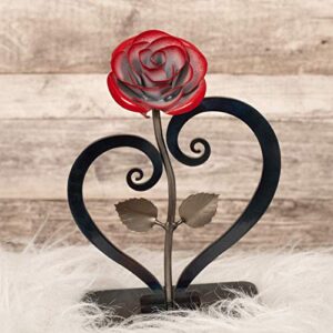 Gift Hand-Forged Wrought Iron Red Metal Rose with Heart - Shaped Stand - Iron Anniversary Gift