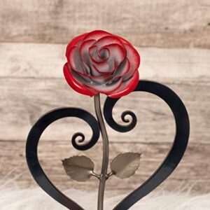 Gift Hand-Forged Wrought Iron Red Metal Rose with Heart - Shaped Stand - Iron Anniversary Gift