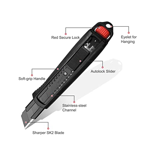 HAUTMEC 18mm Extra Heavy Duty Utility Knife with Double Lock Mechanism, Auto-Lock and Ratchet- Lock for Double Safety, SK2 Sharp Black Blade for Industrial or Construction Applications HT0136-KN