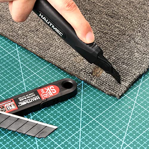 HAUTMEC 18mm Extra Heavy Duty Utility Knife with Double Lock Mechanism and 10pc Blade Set, Double Safety, SK2 Sharp Black Blade for Industrial or Construction Applications HT0153-KN