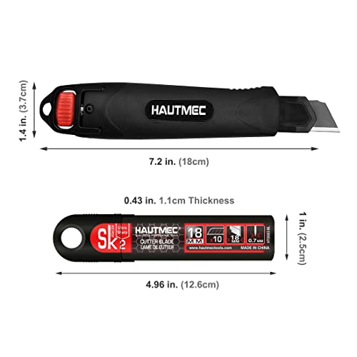 HAUTMEC 18mm Extra Heavy Duty Utility Knife with Double Lock Mechanism and 10pc Blade Set, Double Safety, SK2 Sharp Black Blade for Industrial or Construction Applications HT0153-KN