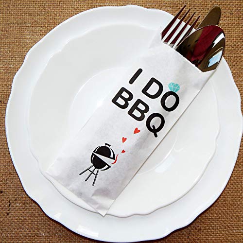 I DO BBQ White Kraft Paper Silverware Bags - Utensil Holders For Wedding Rehearsal Dinner or Engagement Barbeque - Silverware Holder Bag - Pocket Sleeves - Flat 2.8" x 7.5" - Pack of 50