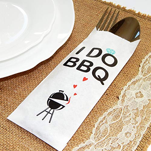 I DO BBQ White Kraft Paper Silverware Bags - Utensil Holders For Wedding Rehearsal Dinner or Engagement Barbeque - Silverware Holder Bag - Pocket Sleeves - Flat 2.8" x 7.5" - Pack of 50