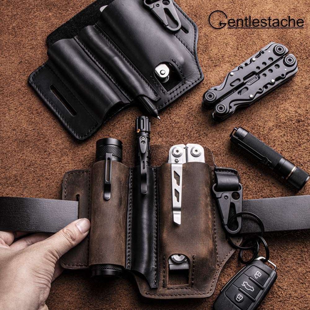 Gentlestache Multitool Sheath for Belt, Leatherman Sheath for Men, Leather EDC Pocket Organizer with Pen Holder, Key Fob, Flashlight Sheath, EDC Leather Pouch Darkbrownn