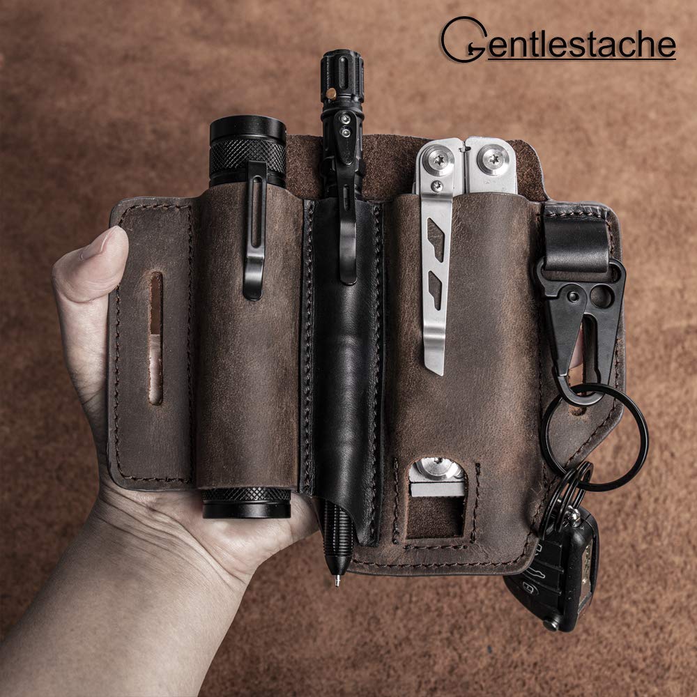 Gentlestache Multitool Sheath for Belt, Leatherman Sheath for Men, Leather EDC Pocket Organizer with Pen Holder, Key Fob, Flashlight Sheath, EDC Leather Pouch Darkbrownn