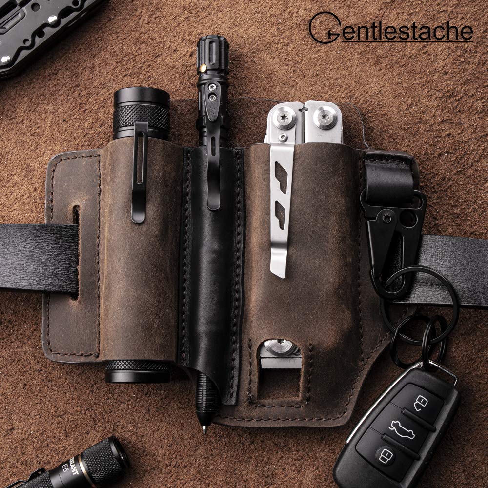 Gentlestache Multitool Sheath for Belt, Leatherman Sheath for Men, Leather EDC Pocket Organizer with Pen Holder, Key Fob, Flashlight Sheath, EDC Leather Pouch Darkbrownn