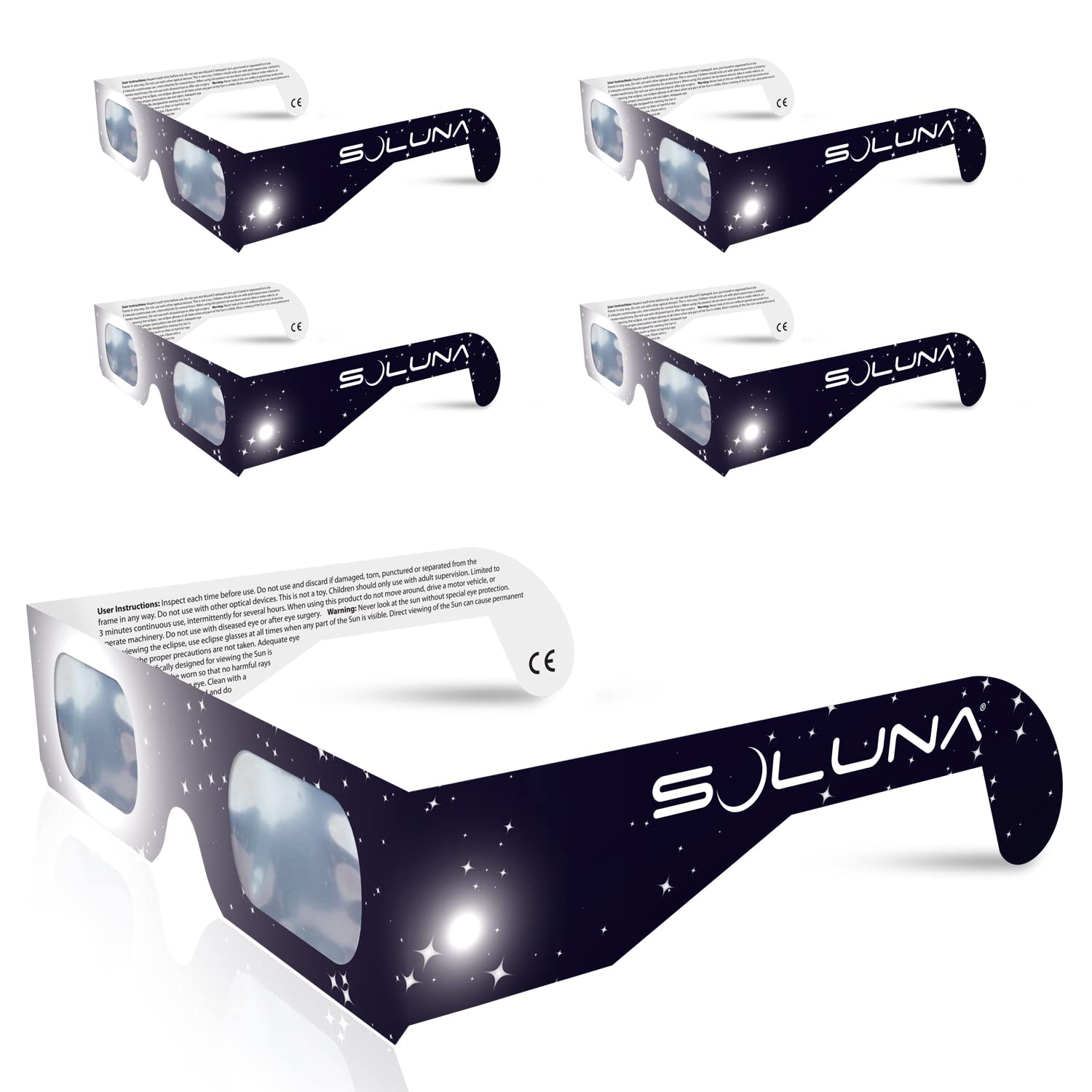 Soluna Solar Eclipse Glasses - CE and ISO Certified Safe Shades for Direct Sun Viewing - Made in the USA (5 Pack)