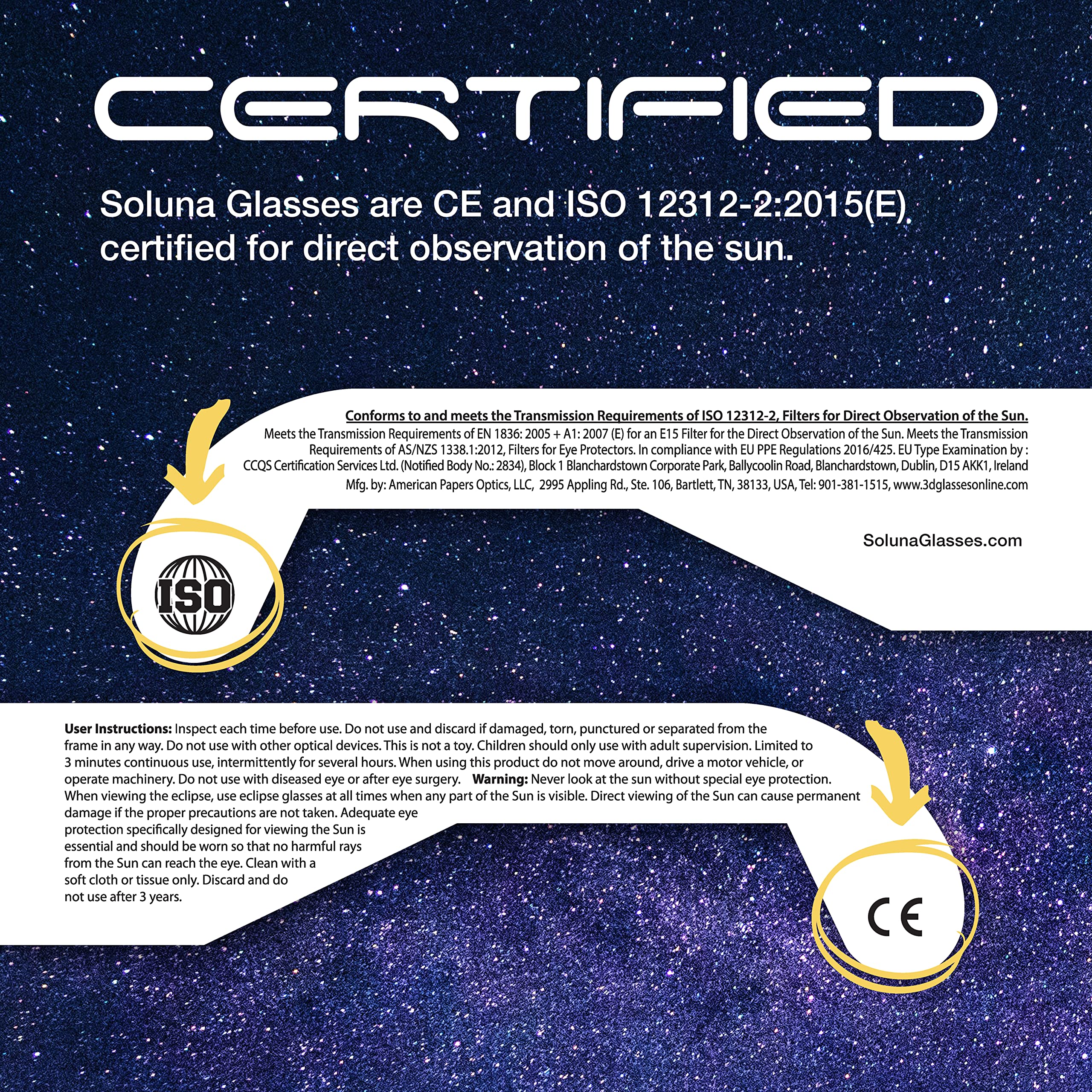 Soluna Solar Eclipse Glasses - CE and ISO Certified Safe Shades for Direct Sun Viewing - Made in the USA (5 Pack)