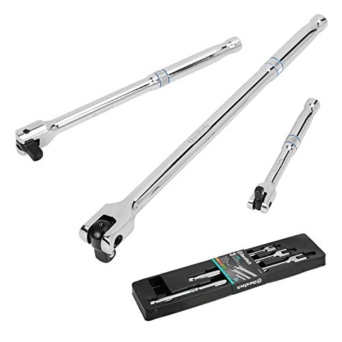 DURATECH 3-Piece Breaker Bar Set, 1/4'', 3/8'' & 1/2'' Drive Breaker Bars Heavy Duty, 6", 10", 15" Length, with 180° Rotatable Head, Spring-loaded Detent Ball, Premium Chrome Alloy Made