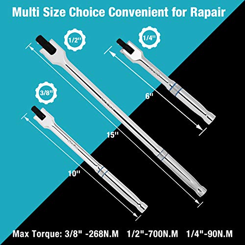 DURATECH 3-Piece Breaker Bar Set, 1/4'', 3/8'' & 1/2'' Drive Breaker Bars Heavy Duty, 6", 10", 15" Length, with 180° Rotatable Head, Spring-loaded Detent Ball, Premium Chrome Alloy Made