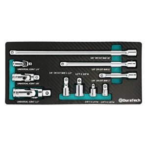 duratech 10-piece socket accessory kit, includes 3/8” drive extension bar set, 1/4”, 3/8” & 1/2” drive universal joints and adapters, with eva foam tool organizer, cr-v steel made