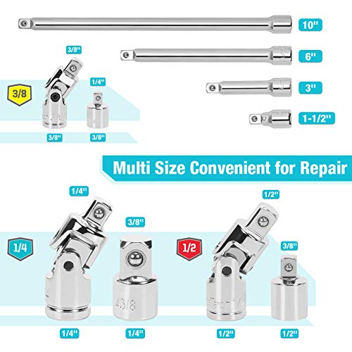 DURATECH 10-Piece Socket Accessory Kit, Includes 3/8” Drive Extension Bar Set, 1/4”, 3/8” & 1/2” Drive Universal Joints and Adapters, with EVA Foam Tool Organizer, Cr-V Steel Made