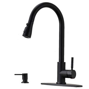 hovheir matte black kitchen faucet with soap dispenser, single handle pull down kitchen faucet, high arch single handle stainless steel pull out sprayer kitchen sink faucet